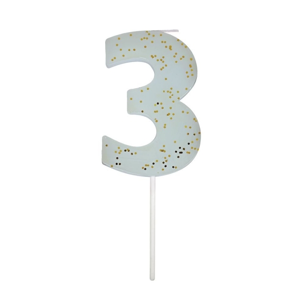 Bougie anniversaire bleu pastel à paillettes - chiffre 3
